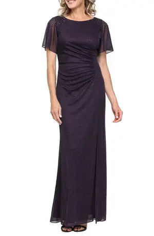 SL FASHIONS Sparkle Embellished Shoulder Gown - Plum