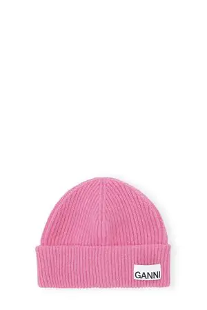 GANNI Pink Fitted Wool Rib Knit Beanie