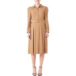 English Factory Pleated Long Sleeve Shirt Dress