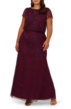 Adrianna Papell Beaded Mesh Gown With Blousy Bodice