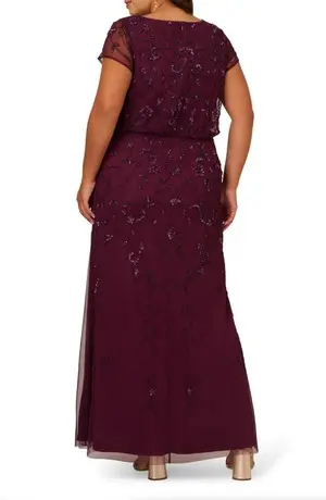 Adrianna Papell Beaded Mesh Gown With Blousy Bodice
