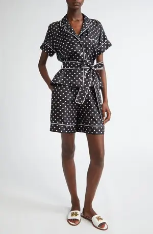 Dolce & Gabbana Polka Dot Belted Silk Pajama Shirt - Nero