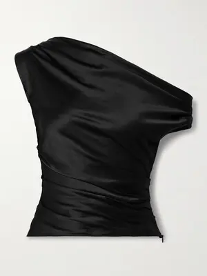 Staud Phare One-shoulder Draped Silk-blend Satin Top