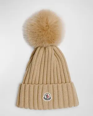 Moncler Moncler Ribbed Wool Beanie With Faux Fur Pom Medium Beige