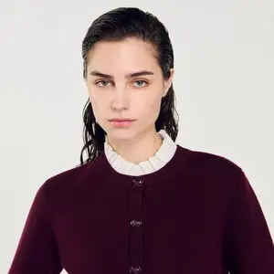 Sandro Knit Cardigan With Ruffled Collar - Burgundy