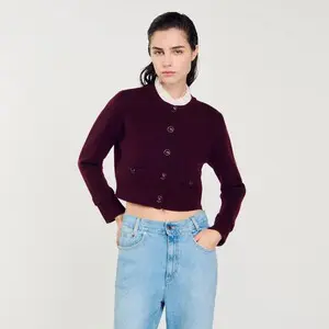 Sandro Knit Cardigan With Ruffled Collar - Burgundy