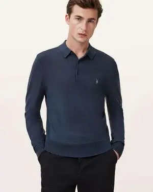 ALLSAINTS Mode Merino Long Sleeve Ramskull Polo Shirt - Blue