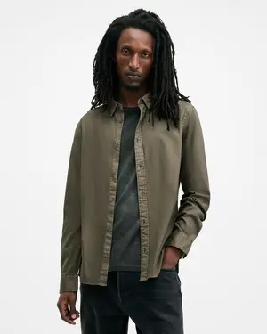ALLSAINTS Hawthorne Ramskull Stretch Fit Shirt Cage Brown