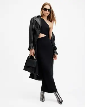 single sleeve cut out maxi dress in black One Shoulder Cut Out Maxi Dress in Black - 2
