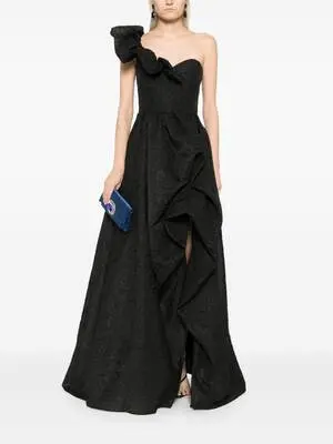 Marchesa Cloqué Gown With Ruffled Detailing And One-shoulder Design