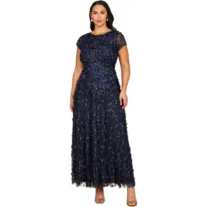 LARA NEW YORK 3d Floral Embellished Cap Sleeve Gown - Navy