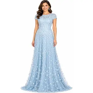 LARA NEW YORK 3d Floral Embellished Cap Sleeve Gown - Periwinkle