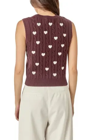 English Factory Heart Embroidered Cable Knit Sweater Vest - Brown