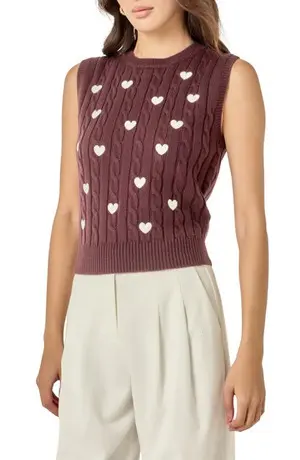 English Factory Heart Embroidered Cable Knit Sweater Vest - Brown