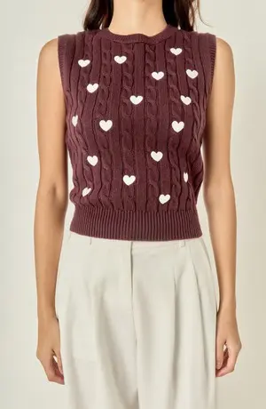 English Factory Heart Embroidered Cable Knit Sweater Vest - Brown