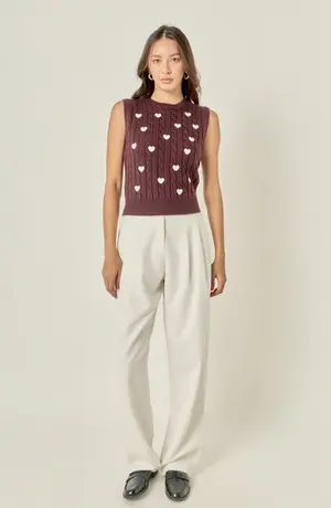 English Factory Heart Embroidered Cable Knit Sweater Vest - Brown