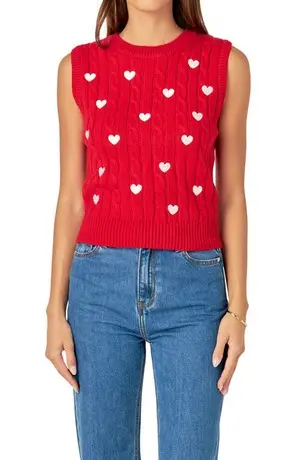 English Factory Heart Embroidered Cable Knit Sweater Vest