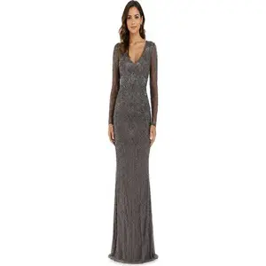 LARA NEW YORK Long Sleeve Beaded Gown - Grey