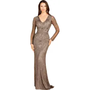 LARA NEW YORK LARA New York Long Sleeve Beaded Gown Grey