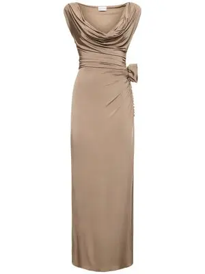 Magda Butrym Draped Viscose Jersey Midi Dress W/rose - Dark Beige