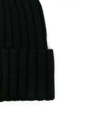 Moncler Ribbed Knit Logo Patch Beanie Hat - Black