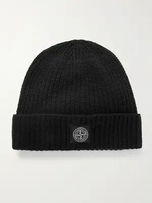 Stone Island Logo-appliquéd Ribbed Wool Beanie - Black