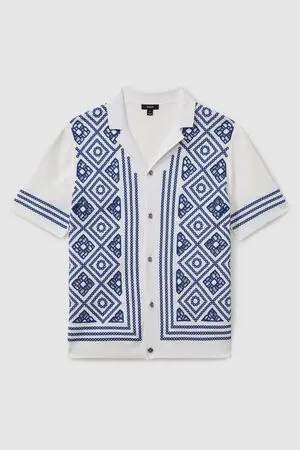 REISS Stefano Contrast Embroidered Cuban Collar Shirt