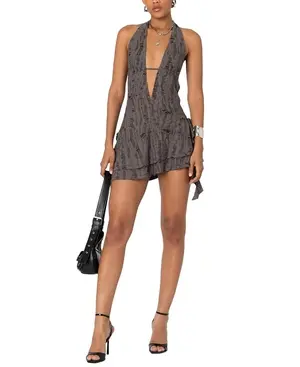 EDIKTED Shredded Backless Halter Mini Dress - Brown