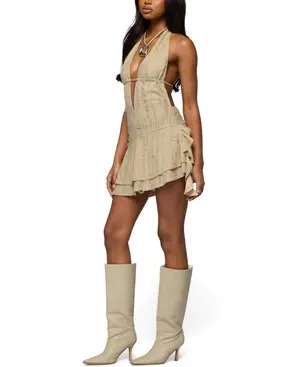 EDIKTED Shredded Backless Halter Mini Dress - Tan