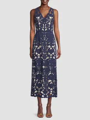 Shani Floral Crepe Laser-cut Midi Dress - Navy