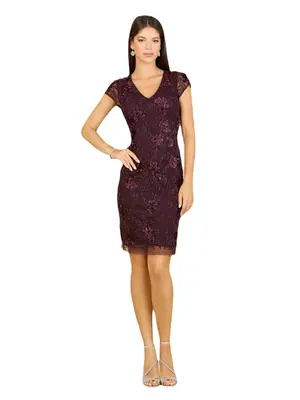 LARA NEW YORK Cap Sleeve Embellished Dress - Navy