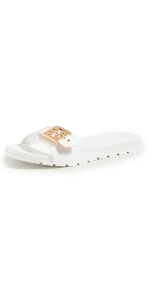 Tory Burch Buckle Slides - White/gold/white