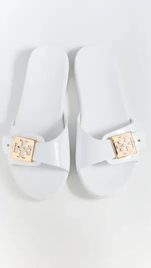 Tory Burch Buckle Slides - White/gold/white