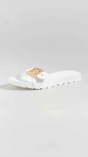 Tory Burch Buckle Slides - White/gold/white