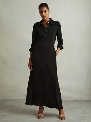 REISS Rosina Jersey Polo Maxi Dress - Black