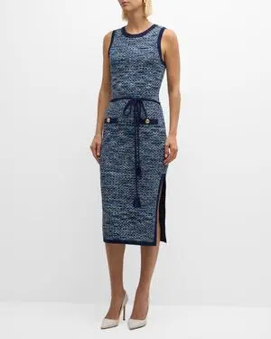 MILLY Milly Knit Midi Dress With Self-Tie Belt - Navy Multi