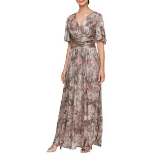SL FASHIONS Floral Metallic Flutter Sleeve Gown