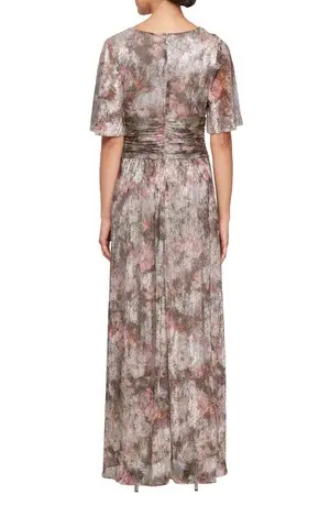 SL FASHIONS Floral Metallic Flutter Sleeve Gown