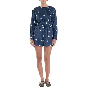 English Factory Polka Dot Satin Romper - Dark Navy/off White