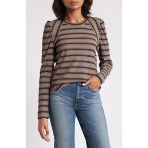 Wit & Wisdom Stripe Puff Shoulder Knit Top - Oyster Mushroom/ Black