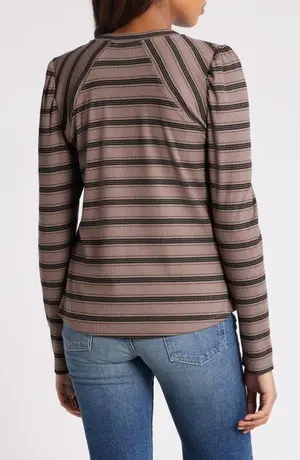 Wit & Wisdom Stripe Puff Shoulder Knit Top - Oyster Mushroom/ Black