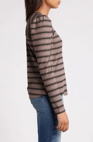 Wit & Wisdom Stripe Puff Shoulder Knit Top - Oyster Mushroom/ Black