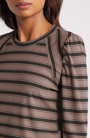 Wit & Wisdom Stripe Puff Shoulder Knit Top - Oyster Mushroom/ Black