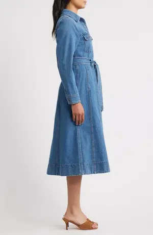 knee length dresses for ladies Women's Denim Long Sleeve Maxi Wrap Dress -- FI-6204D main image 1