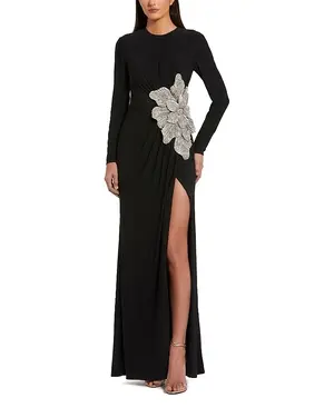 Mac Duggal Thigh High Slit Embellished Flower Detail Gown - Black