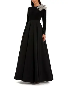 Mac Duggal Long Sleeve Taffeta Embellished 3d Flower Detail Ball Gown - Black