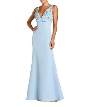 Mac Duggal Sleeveless Beaded V-neck Gown With Bow Accent - Powder Blue
