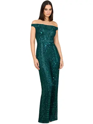 LARA NEW YORK Beaded Off-shoulder Jumpsuit - Dark Green