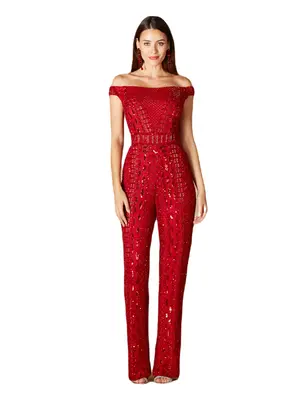LARA NEW YORK Beaded Off-shoulder Jumpsuit - Red