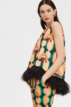 La DoubleJ La Scala Feather Trim Top - Arcturus Blue Petrol